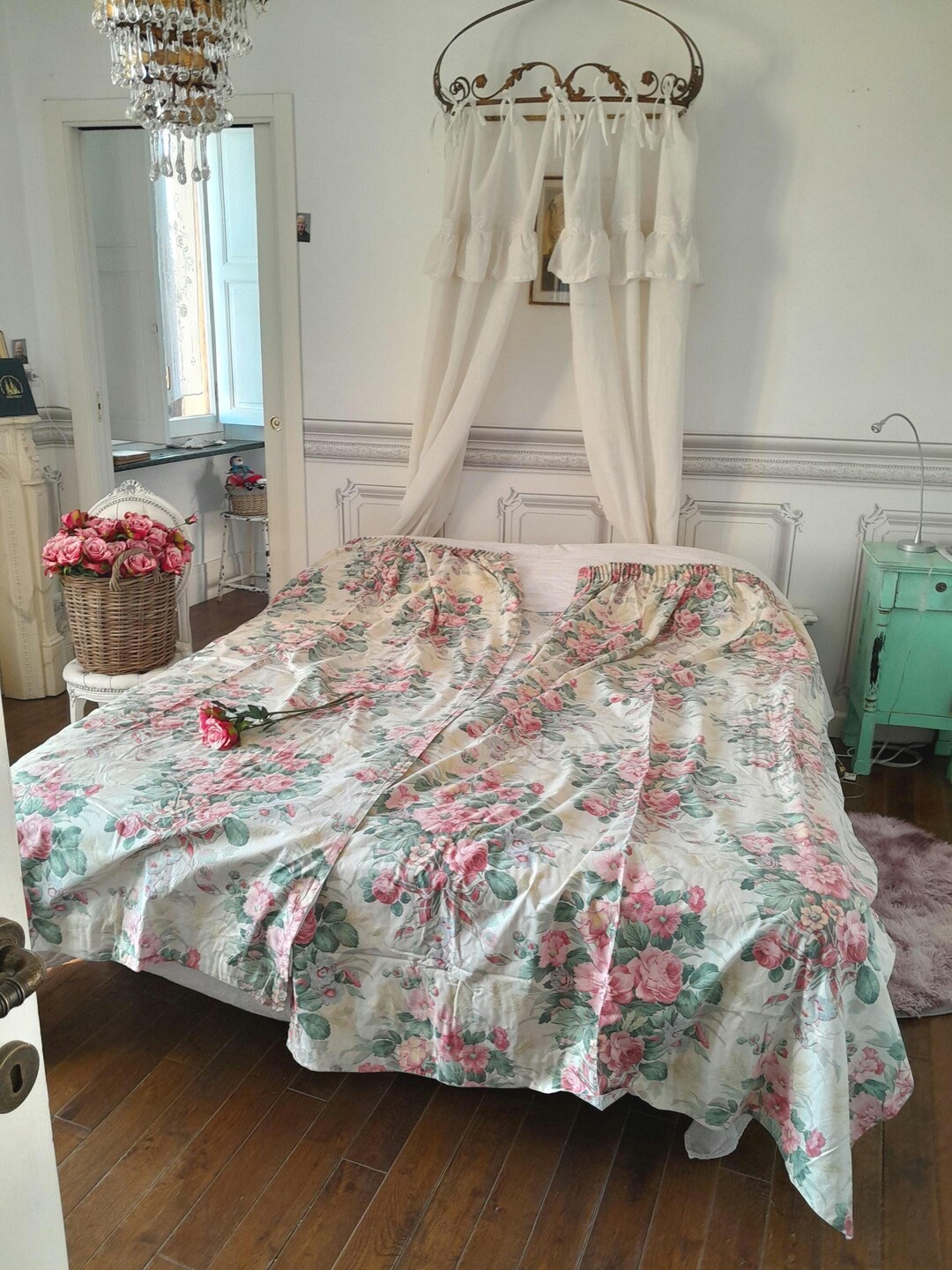 NEW Sanderson Style PAIR Tall Vtg Floral Roses Doubled Cotton Curtain ...
