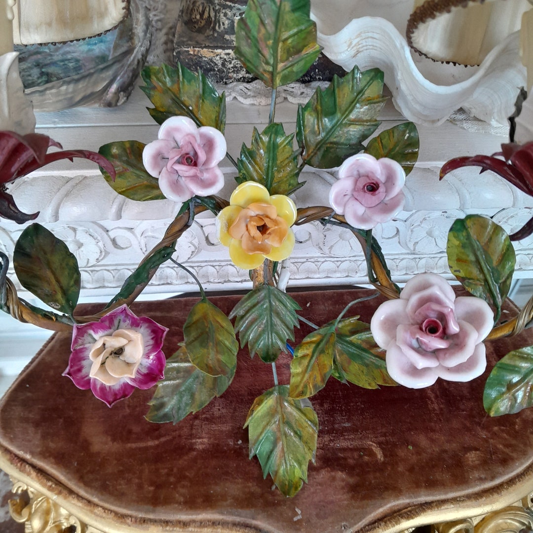 One Florentine Sconce Pastel Colors Tole Porcelain Roses ,2 Bulbs Silk ...