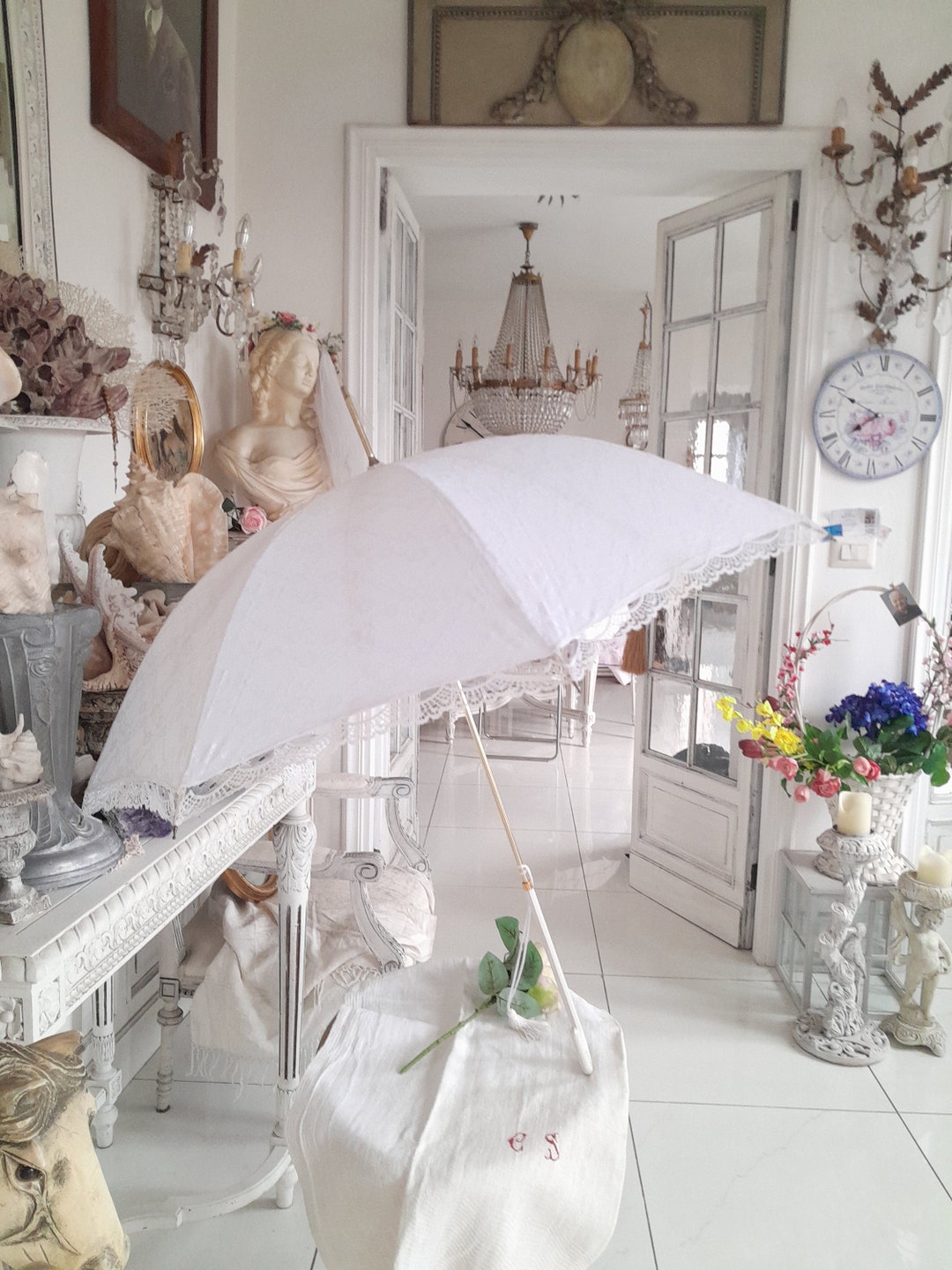 NEW! Vintage Polyestr Lace Bride Parasol 70s, Sun Parasol, White Tassel ...