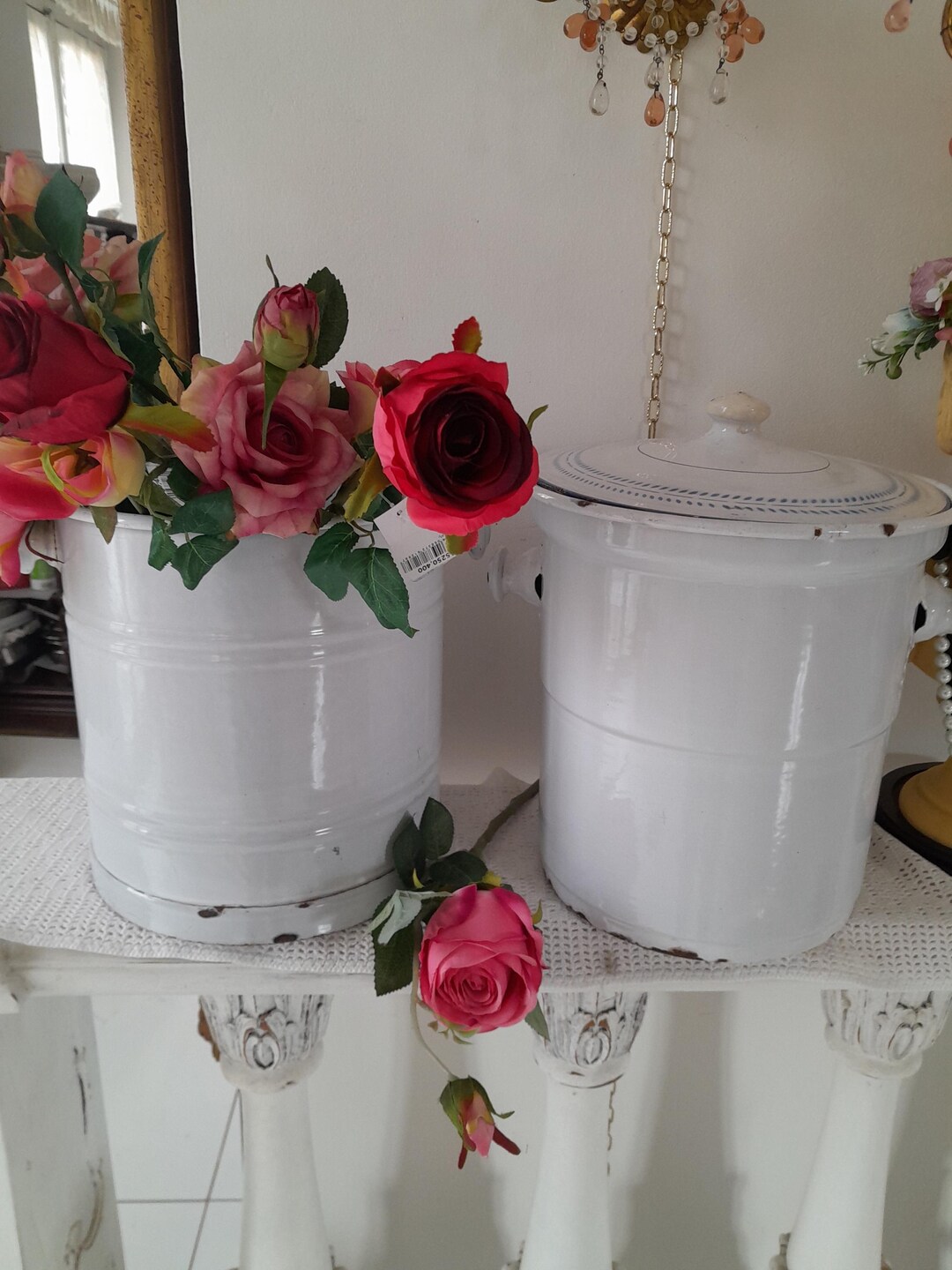 Pair Vintage Kitchen Buckets One W Lid White Enamel Rice or Flour ...