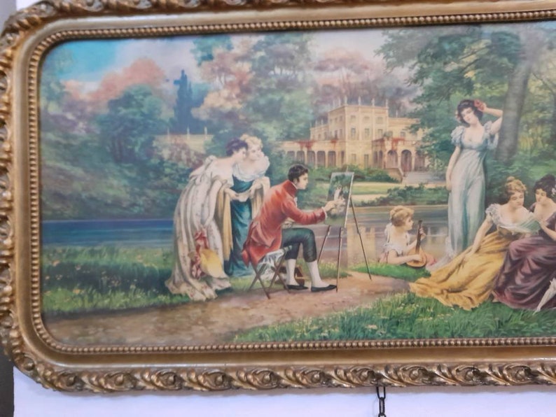 Antique Print Litograph Romantic Scene Toile De Jouy Glazed Gold Mirror ...