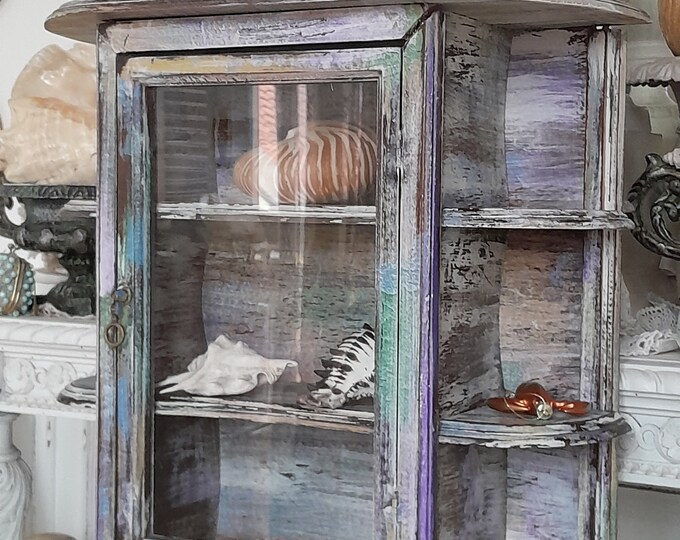 Curiosity Cabinet Wood 1950, Glazed Shelf, Sea Salt Paint, Antique ...