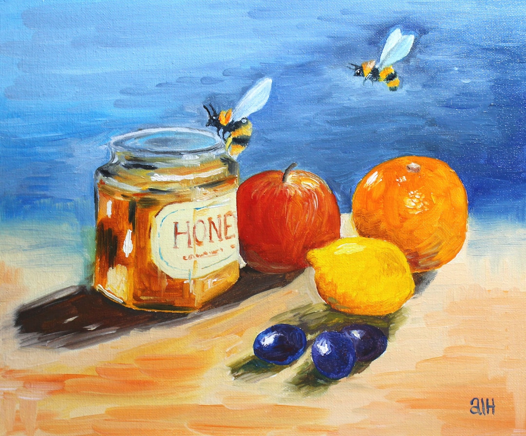 Honey Pot, Bees, Fruit, Still Life, ORIGINAL, Oil Painting, Minimalist ...