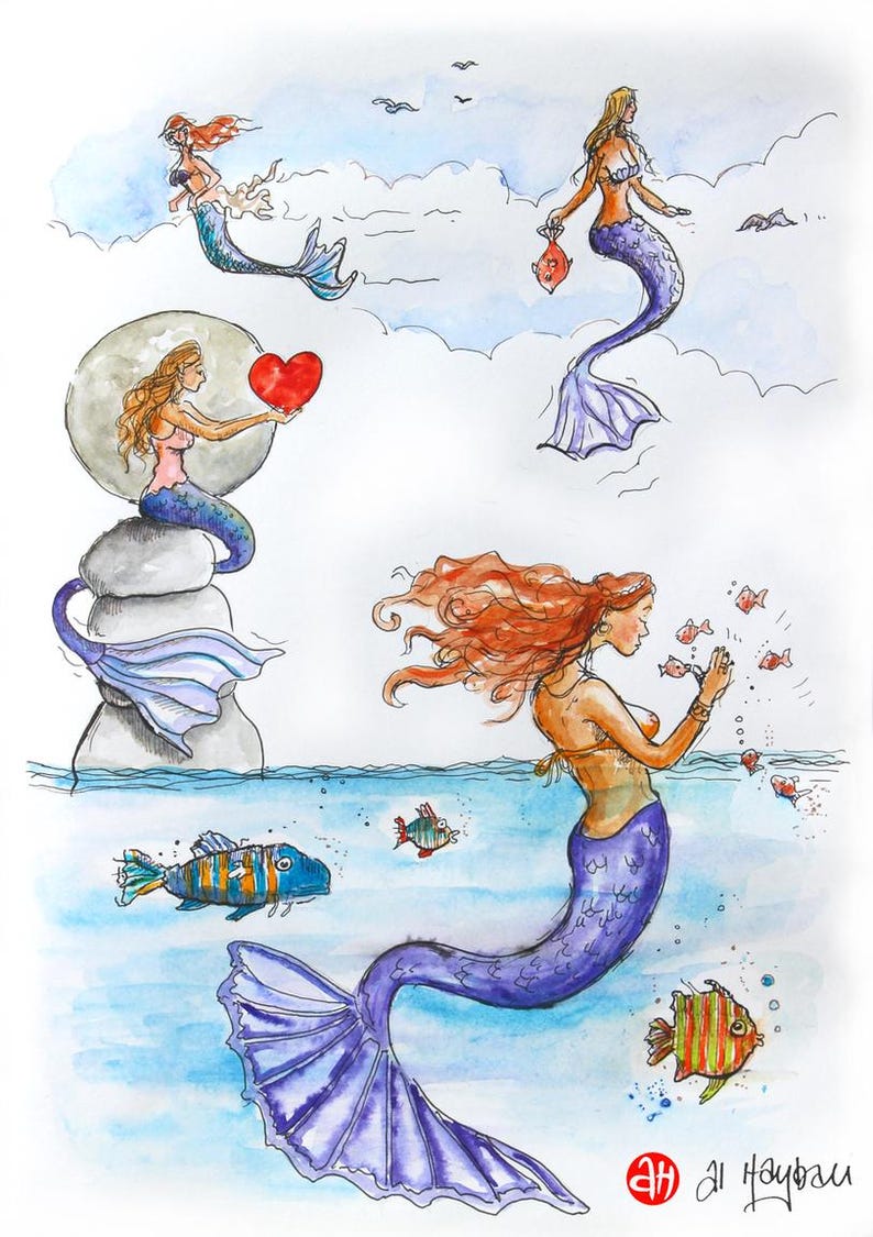 Mermaid Art, Fantasy Art, Fish Art, Beach Art, Dorset Art, Print, From ...