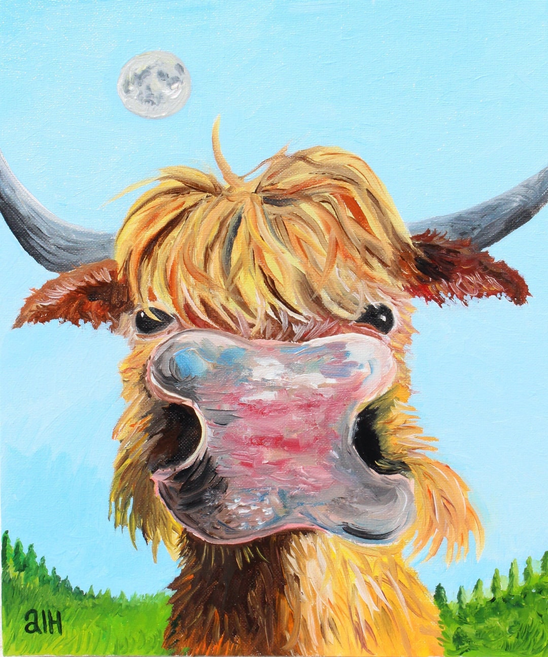 ORIGINAL, Oil Painting, Highland Cow, Moon Cow, Cow Art, Al Hayball ...