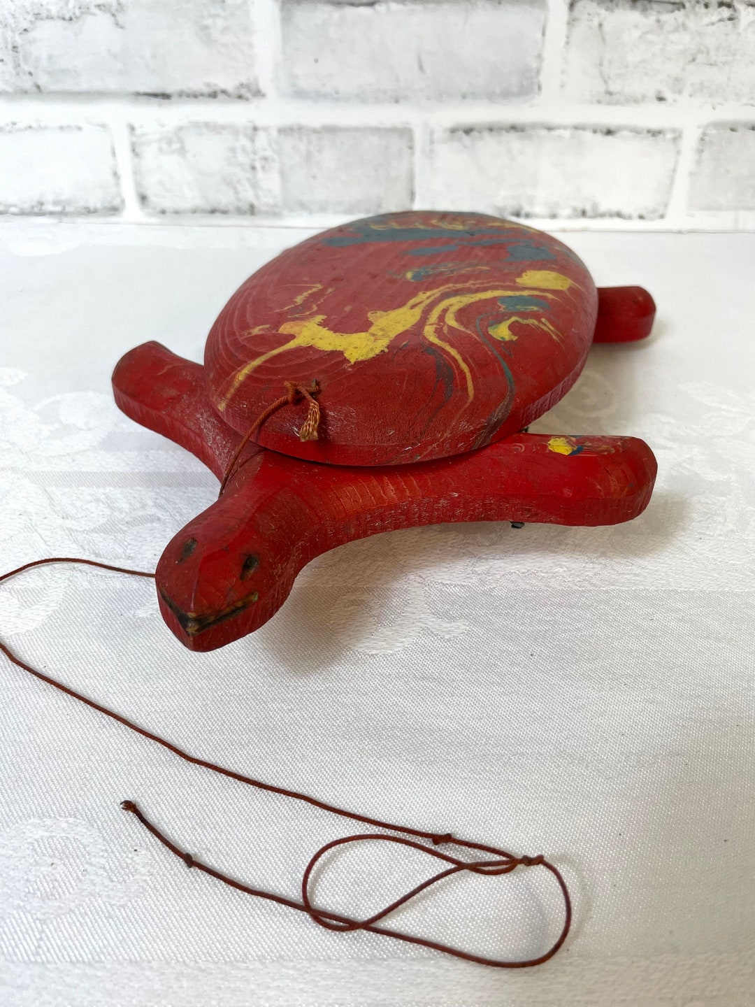 Antique Wooden Turtle Pull Toy Red With Swirl Paint Vintage 1930 - Etsy