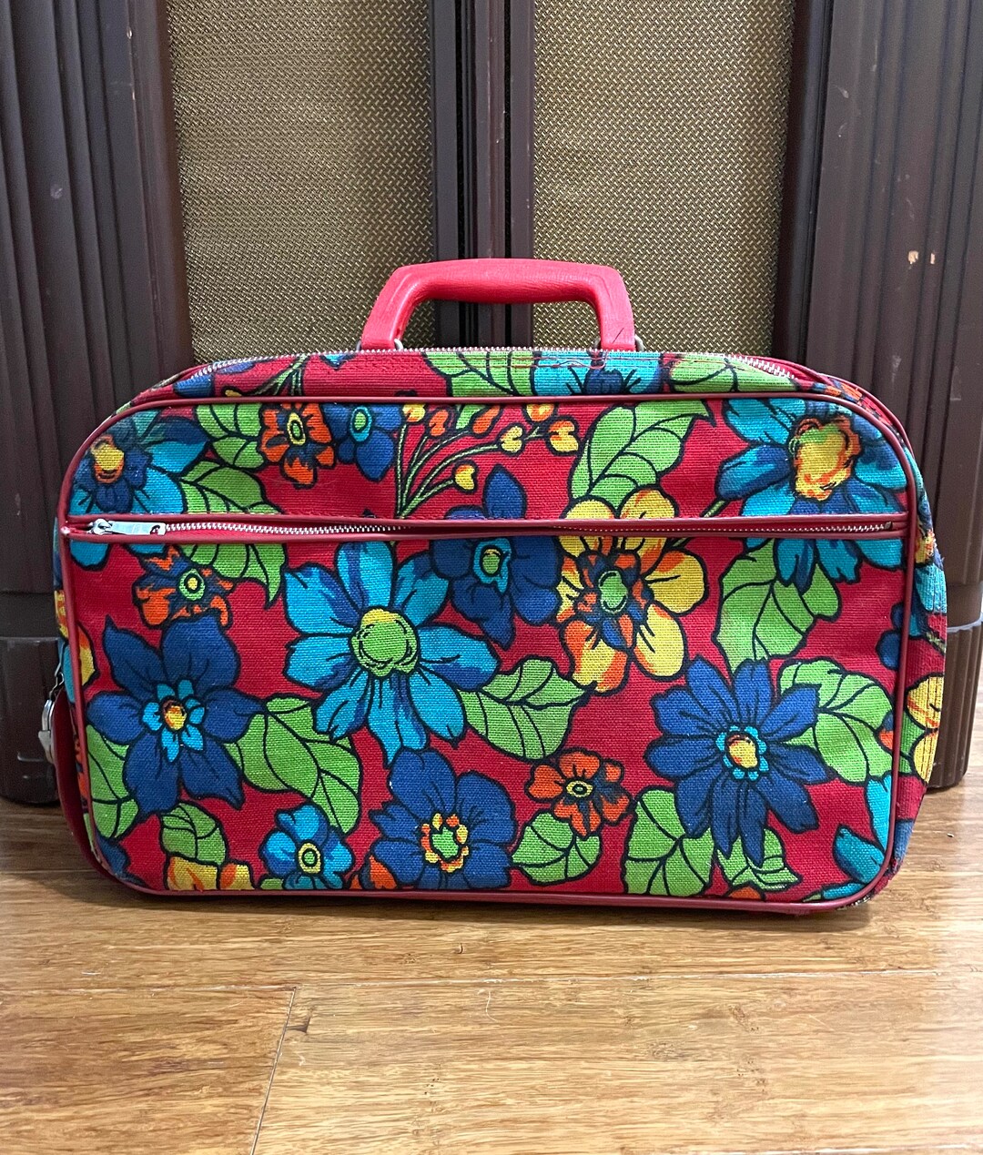 Vintage 1960s or 1970s Soft Suitcase Retro Red Blue Floral Travel Case ...