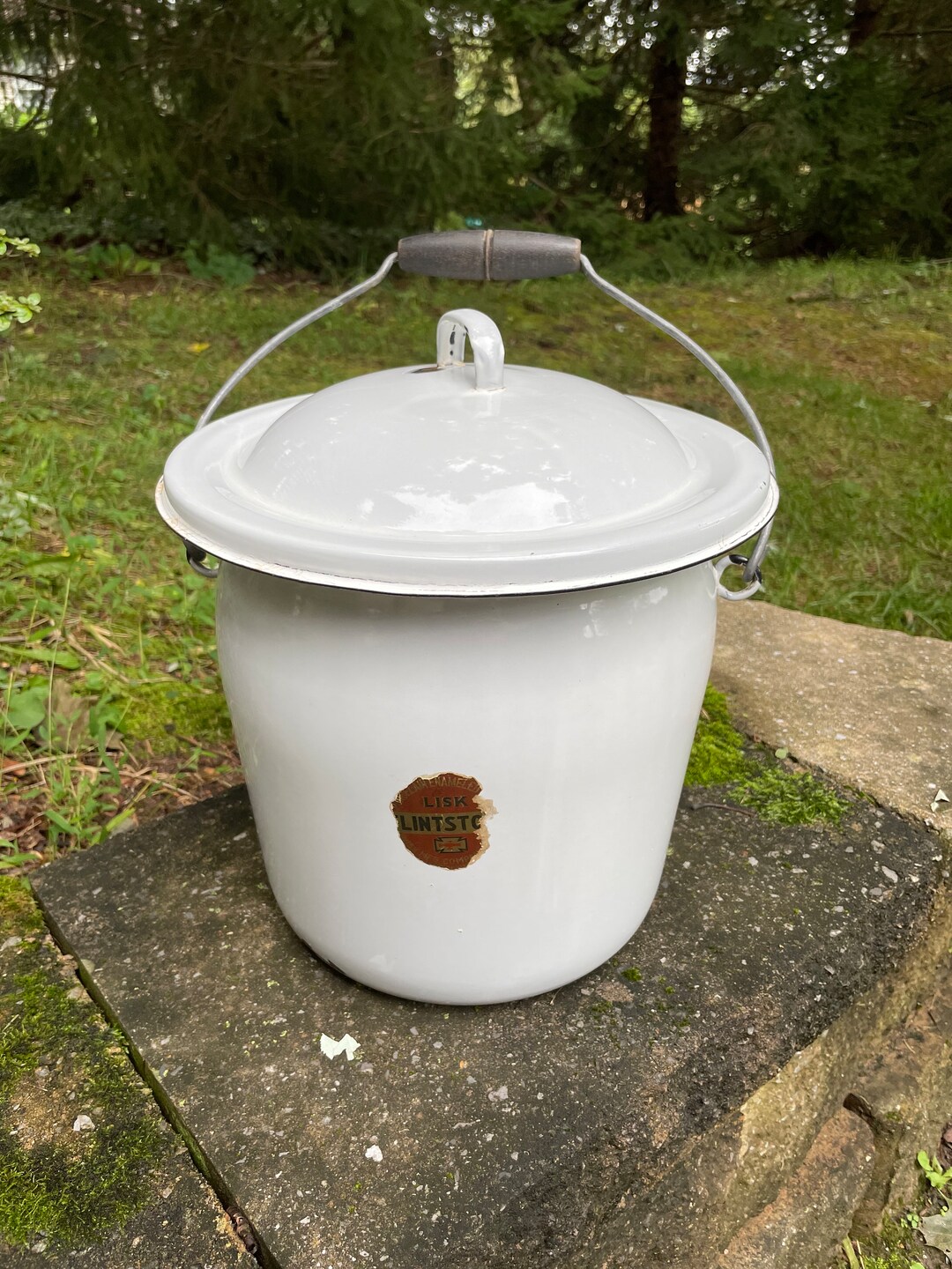 Large Vintage Porcelain Enamel Ware Pail 12" Tall With Lid ~lisk ...