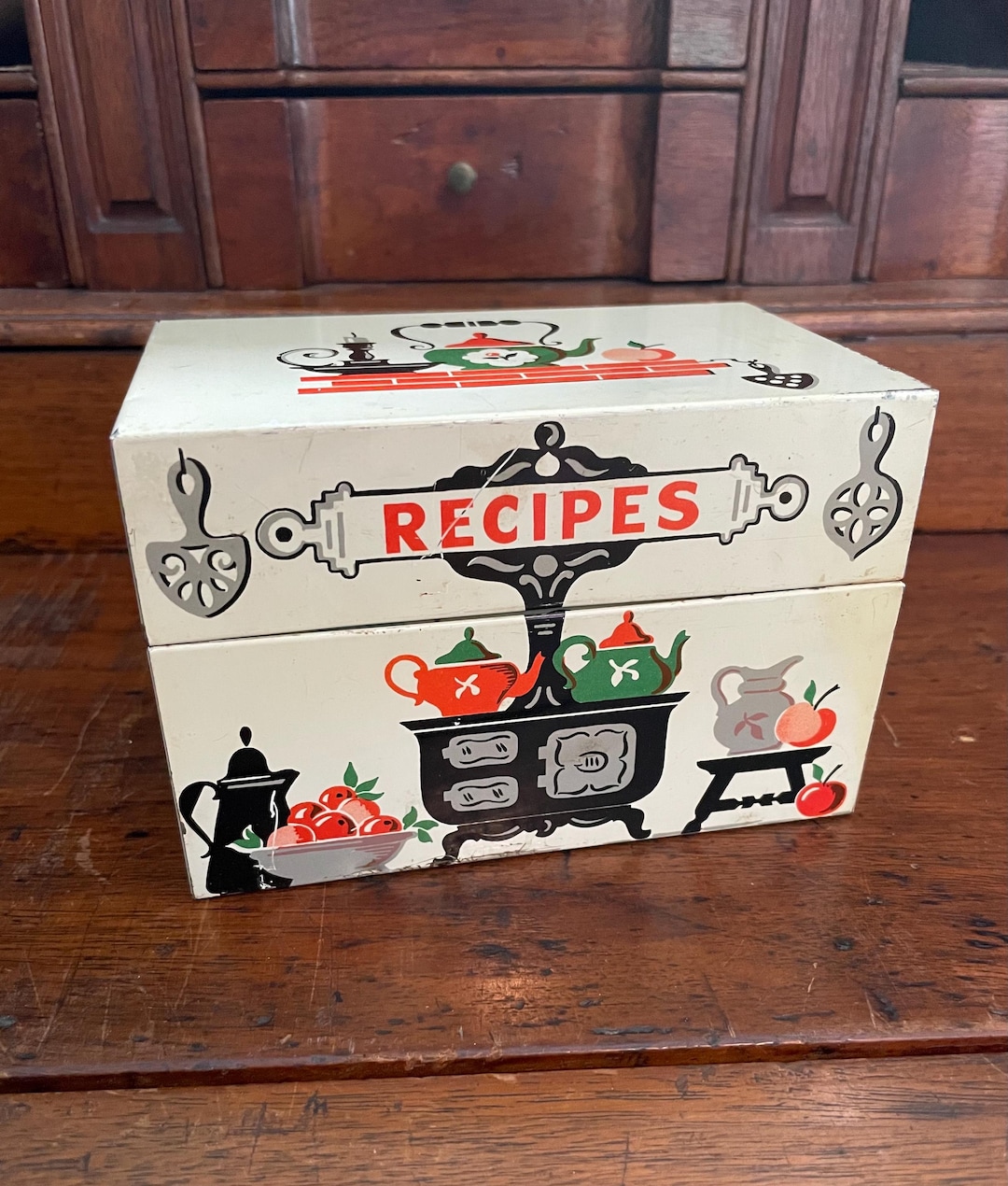 Vintage 1940s or 1950s Tin Recipe Box Metal Full of Handwritten Recipes ...