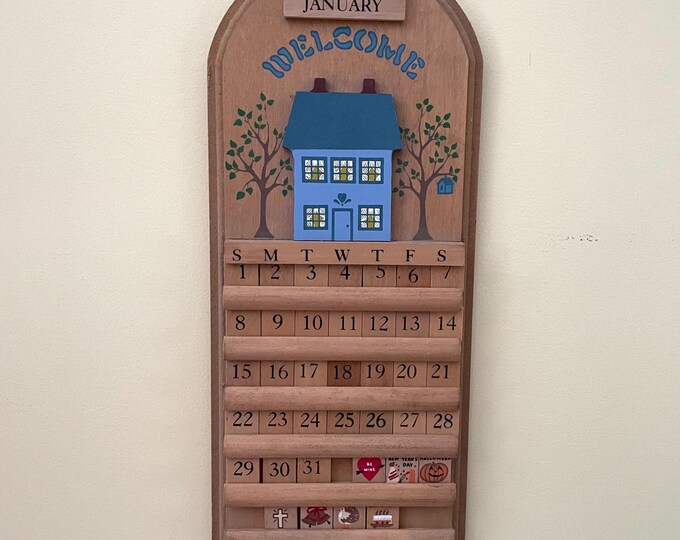 Vintage Perpetual Calendar Wood Welcome With Blue House 1991 16" X 7 ...