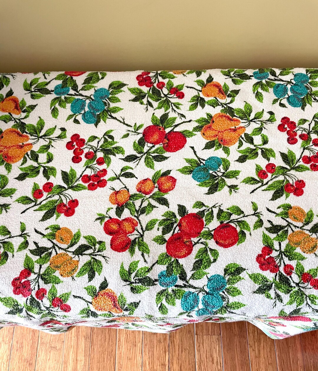 Vintage Terry Cloth Tablecloth or Fabric Bright Teal Red and Yellow ...