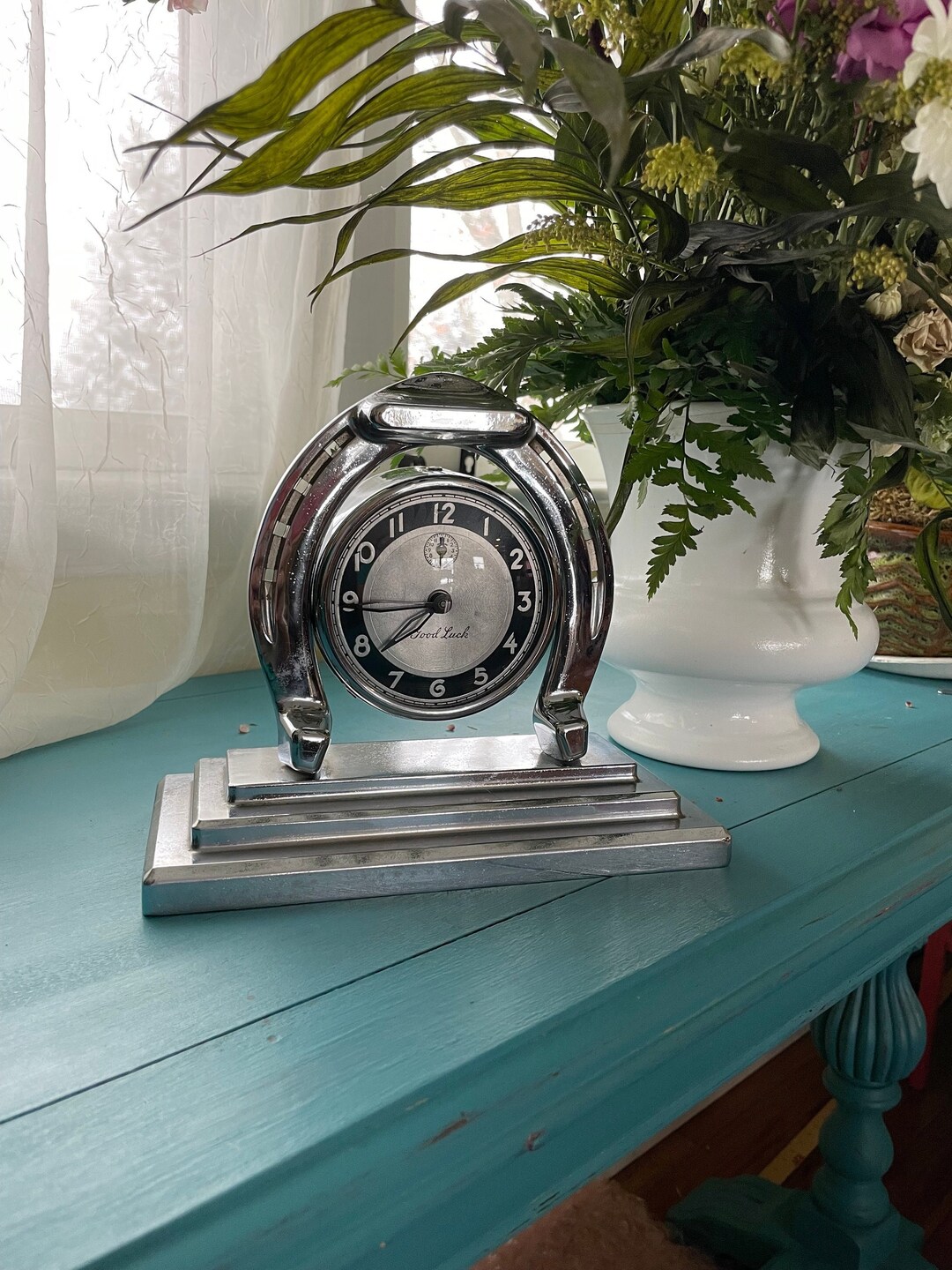 Vintage Good Luck Chrome Horseshoe Clock Lux Clock Works Sporadically ...