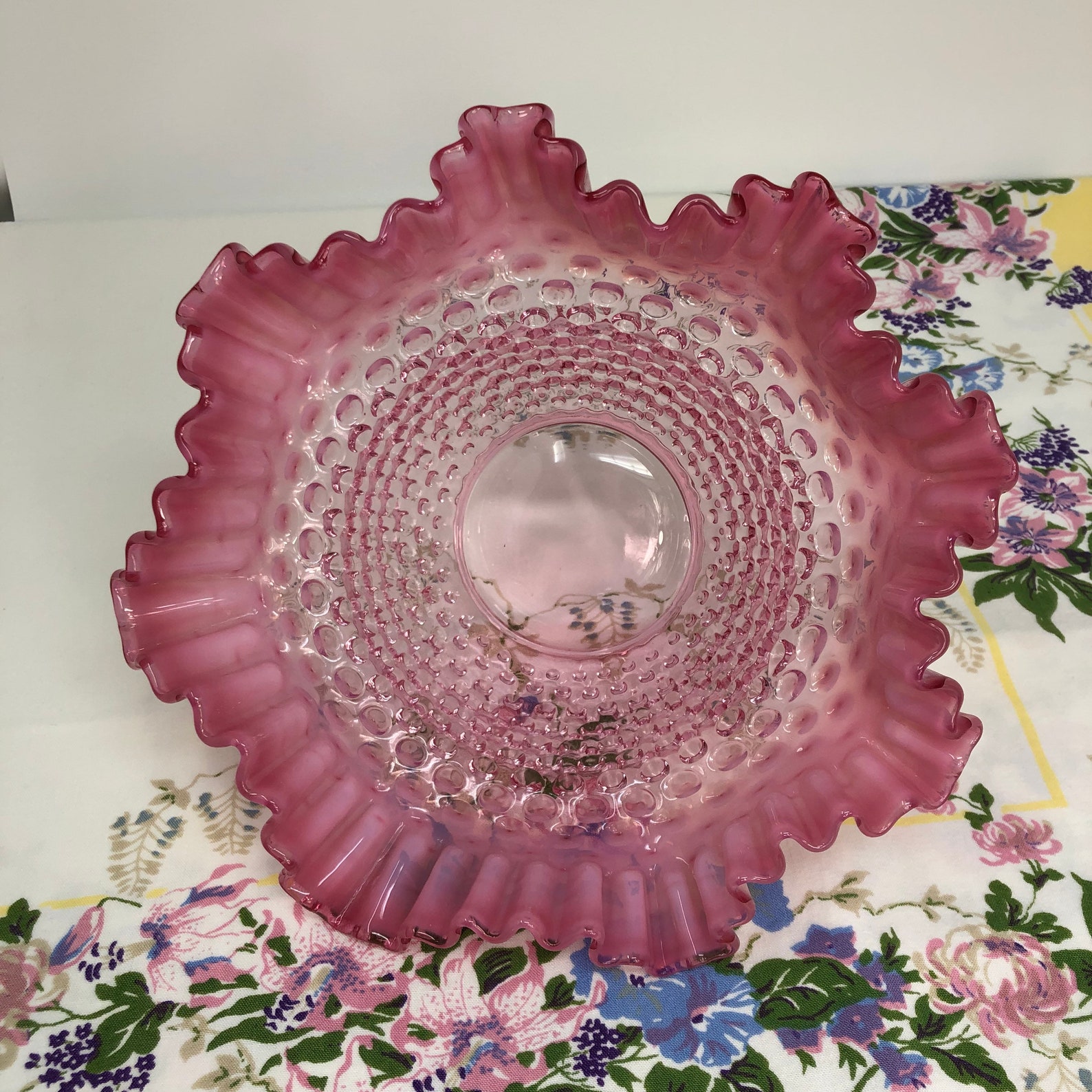Vintage Early Fenton Pink Glass Hobnail Ruffled Bowl Crimped 9 Ombre Etsy