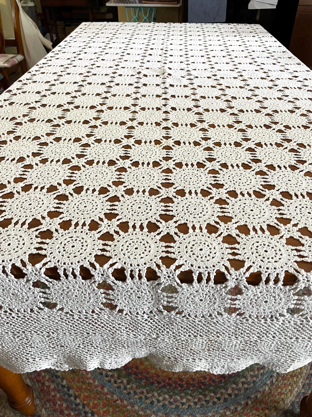 Vintage White Crochet Lace Tablecloth Handmade 58"x94" Rectangle ...