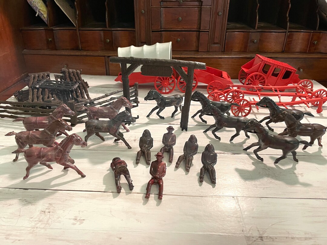 Vintage Lot of Western Play Set 1960s Horses Cowboys Fence Carriage ...