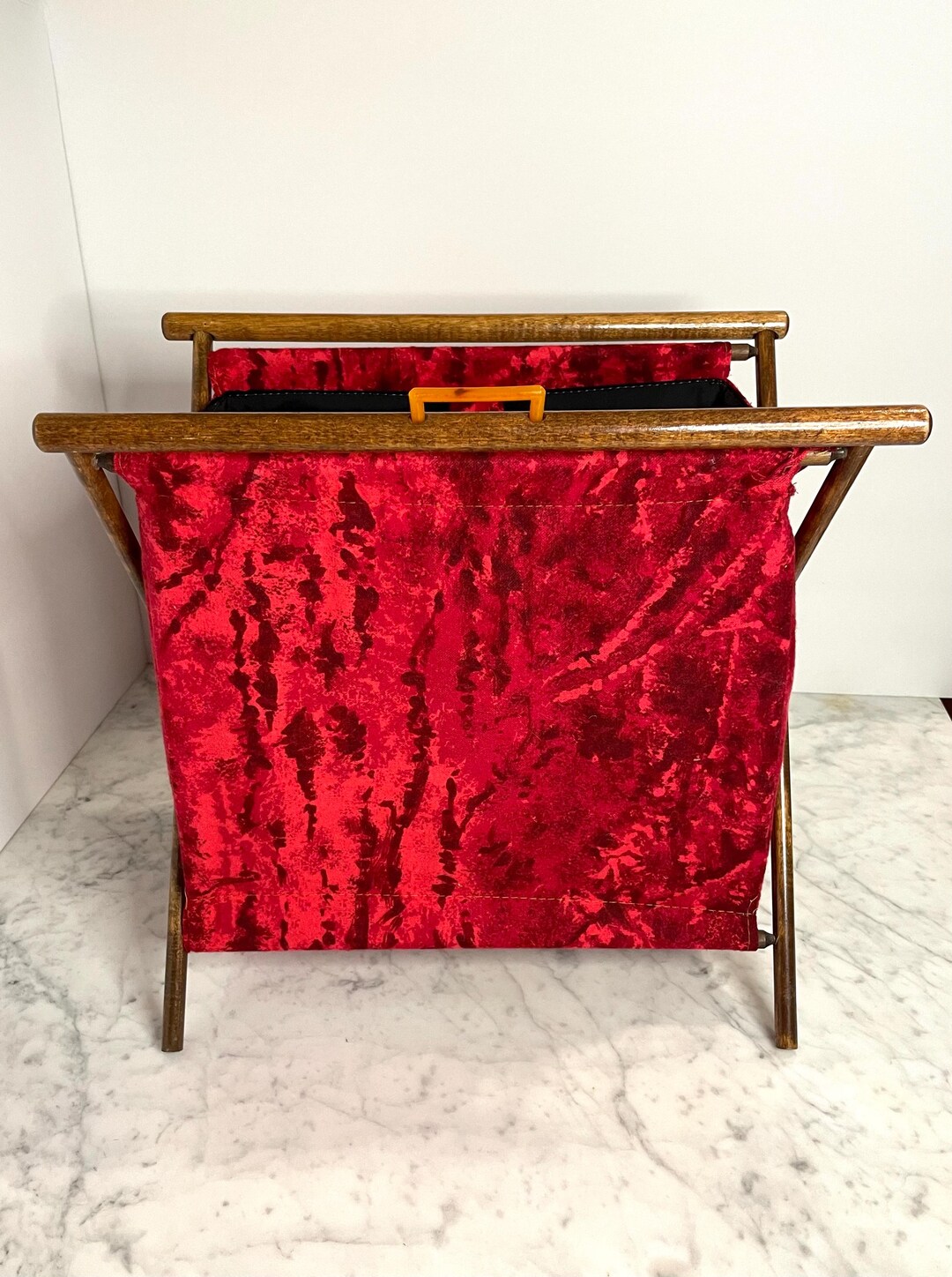 Vintage Folding Knitting Basket Wood Frame Sewing Caddy 1960s Red Brown ...