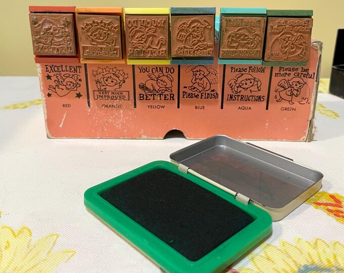 Vintage 1960s Rubber Stamp Teacher Set by Gemini 6 Stamps and Ink Pad ...