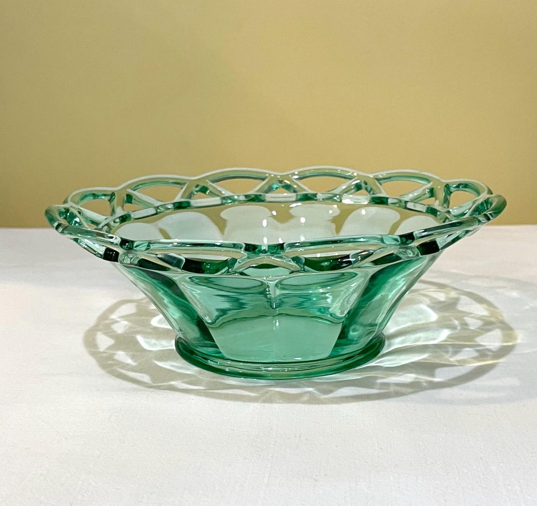 Vintage Imperial Glass Bowl: Light Aqua Green Reticulated Openwork, 8 ...