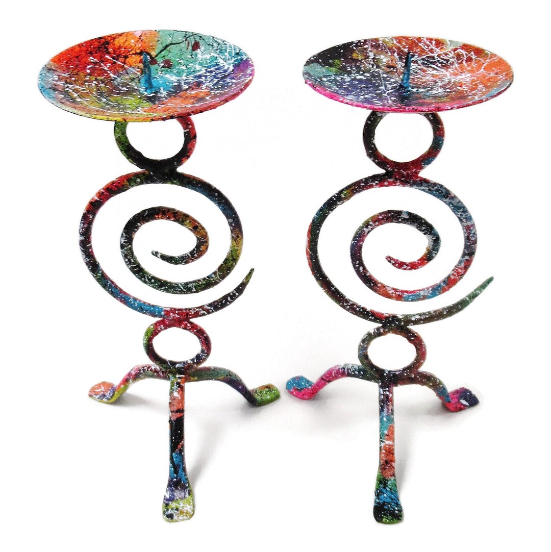 Hand Painted Candlesticks Graffiti Style Eclectic Colourful Candle ...