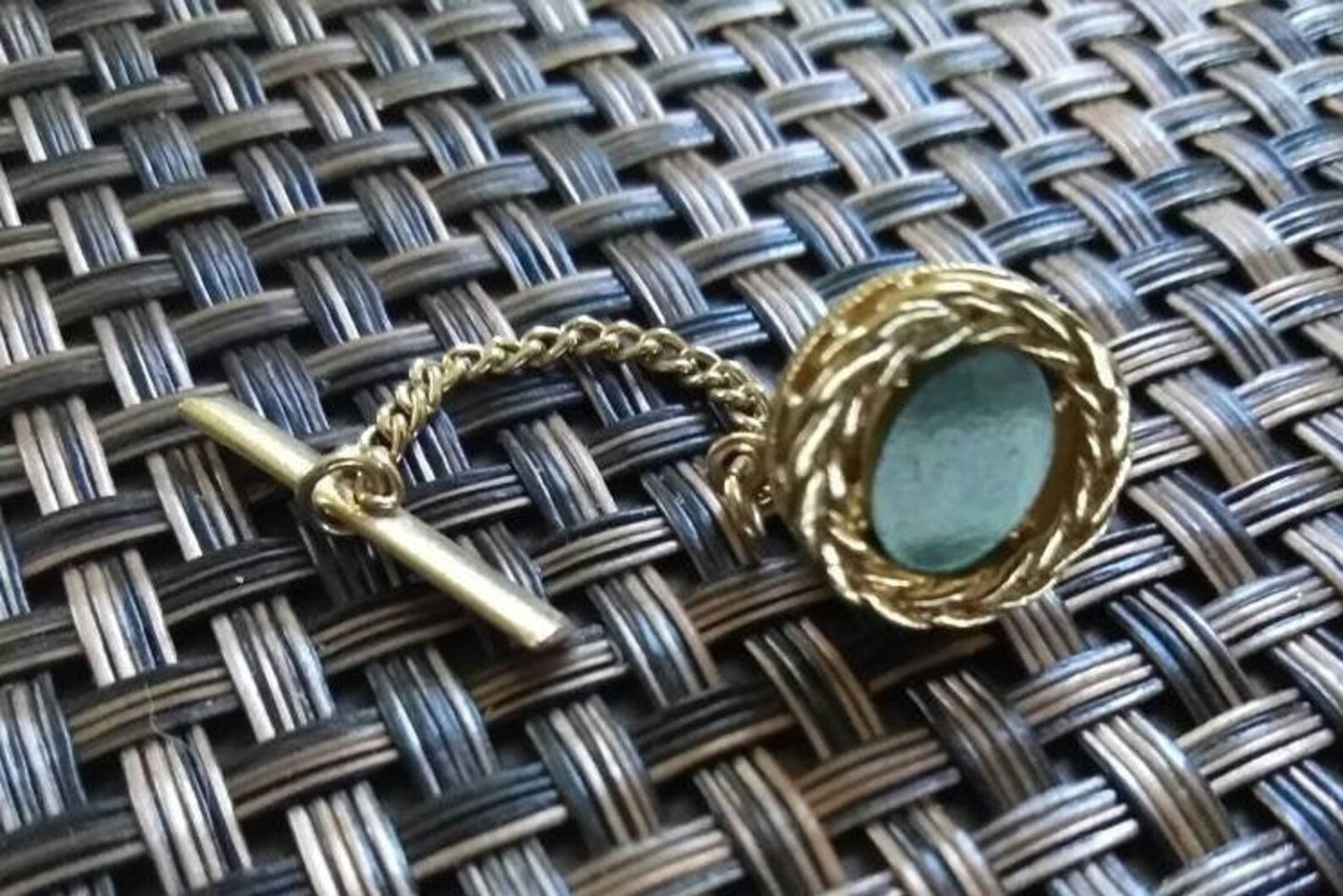 Gold Tone Bamboo Look , Vintage Faux Jade Tie Tack and Cuff Links ...