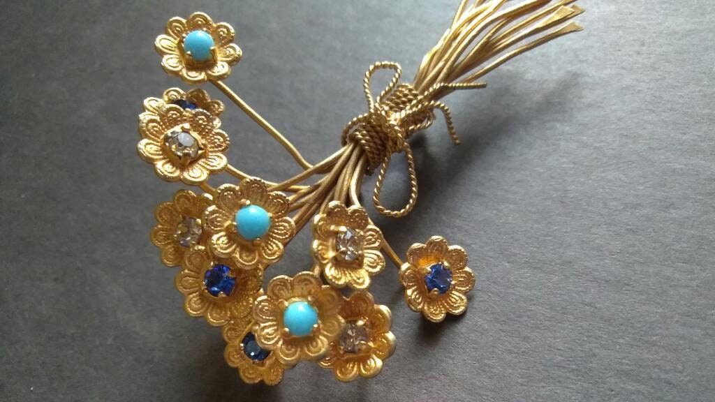 Gorgeous Gold Tone Flower Bouquet Colorful Glass Stone Brooch | Etsy