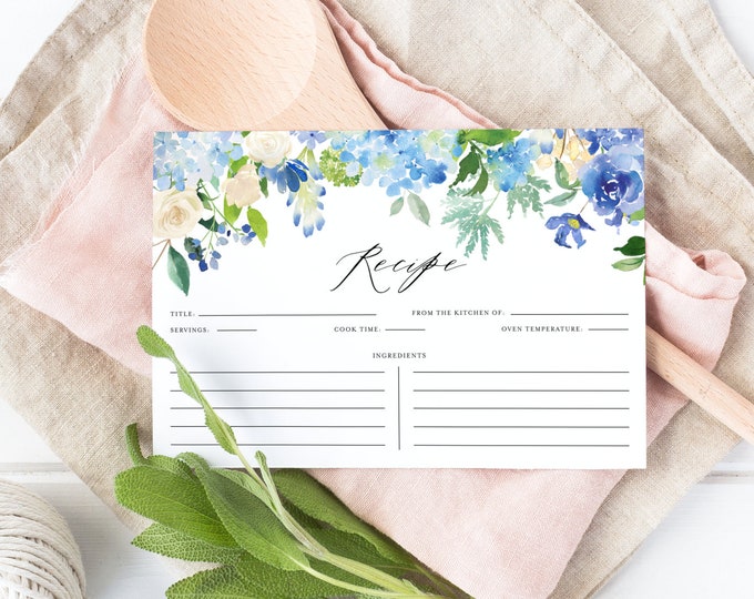 Floral Recipe Card Printable Watercolor Blue Hydrangeas and - Etsy