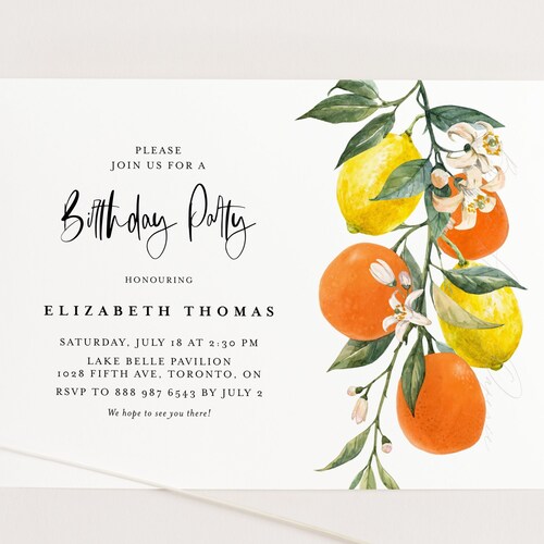 Botanical Citrus Birthday Party Invitation Template - Etsy