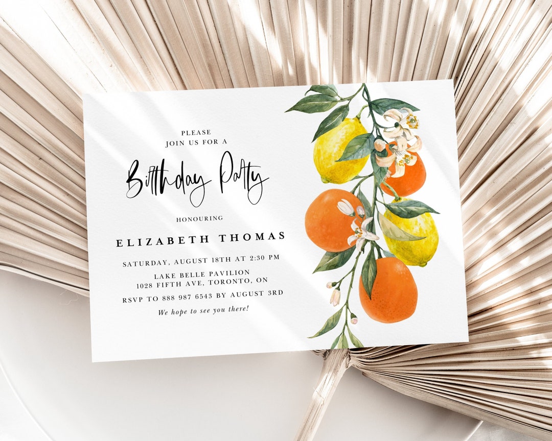 Botanical Citrus Birthday Party Invitation Template Printable ...