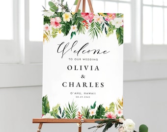Printable Tropical Welcome to Our Beginning Sign Hawaiian Flower & Palm ...