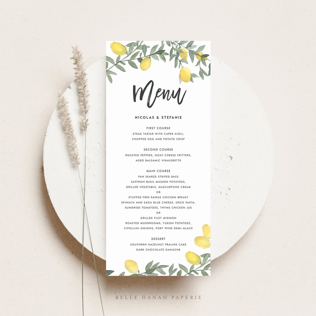 Printable Boho Lemon Menu Card Template - DIY 4x9 Rustic Watercolor ...