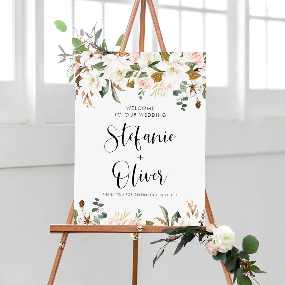 Editable Magnolias Wedding Welcome Sign Template - Watercolor Magnolias ...