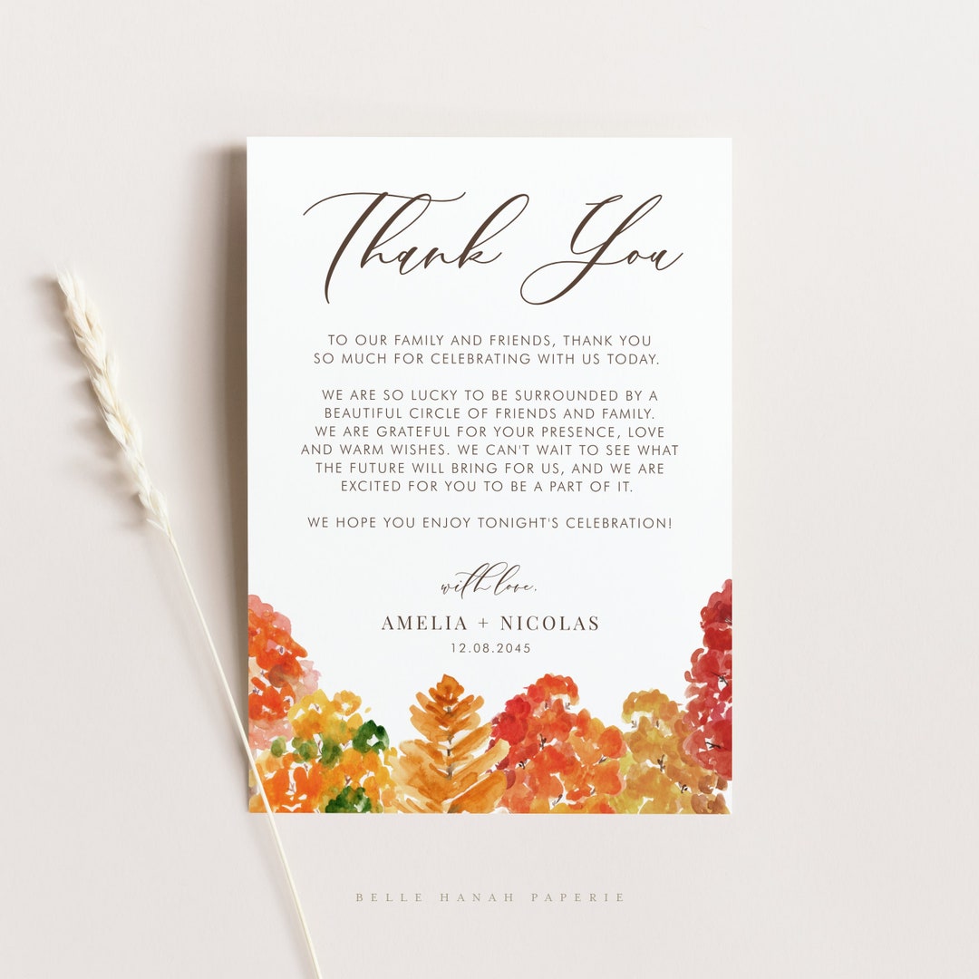 Printable Fall Wedding Thank You Template - DIY 5x7 Watercolor Autumn ...