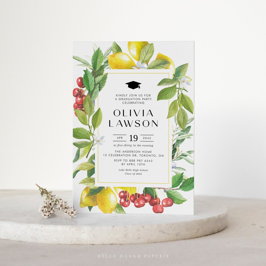 Printable Lemon Graduation Party Invitation Template - DIY Watercolor ...