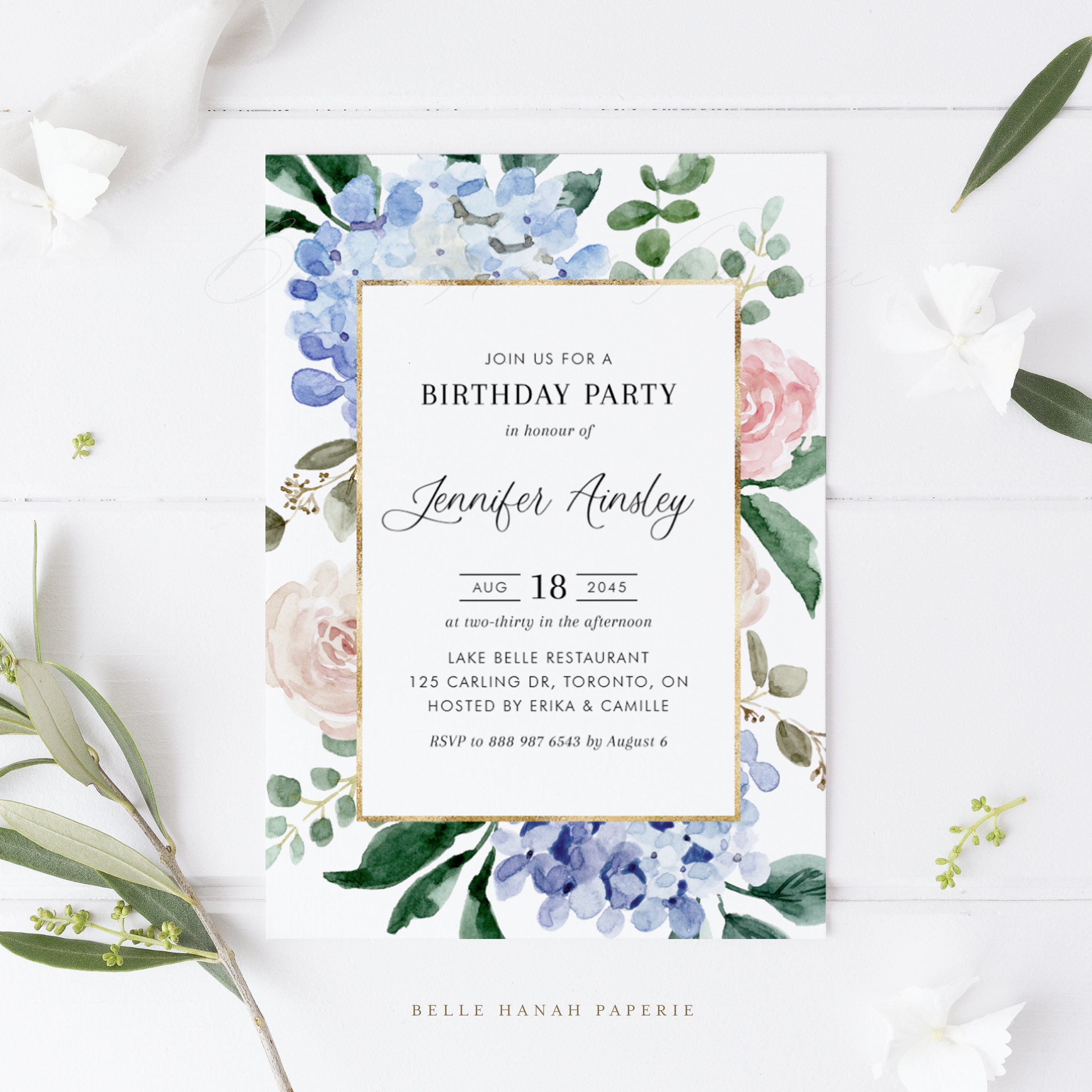 Printable Hydrangeas Birthday Party Invitation Template - DIY ...