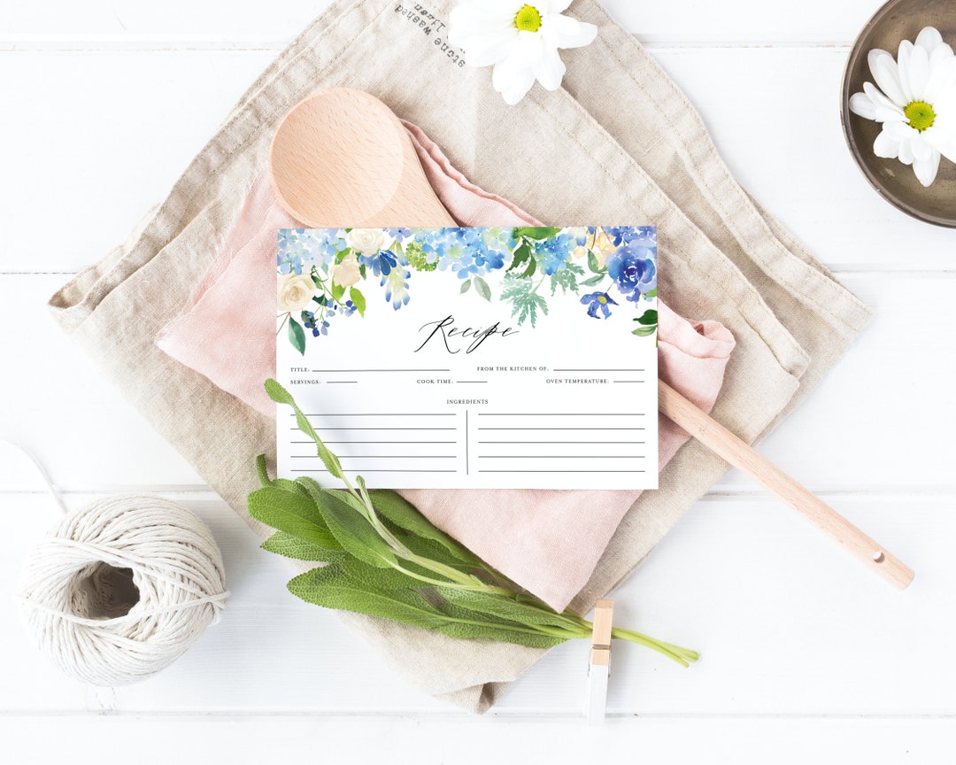 Floral Recipe Card - Printable Watercolor Blue Hydrangeas and Ivory ...