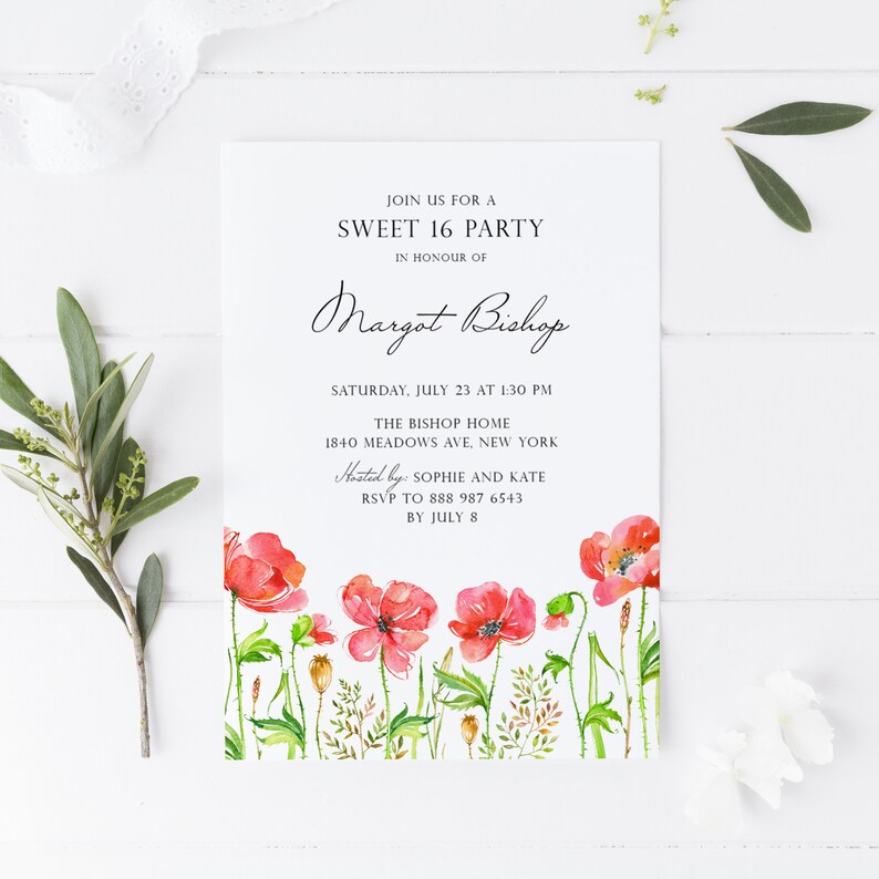 Printable Birthday Party Invitation Watercolor Poppies - Etsy