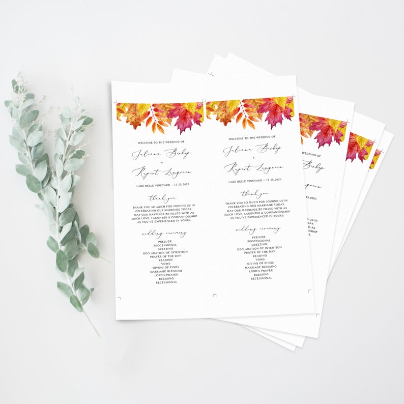 Fall Wedding Programs Template Printable Watercolor Falling | Etsy