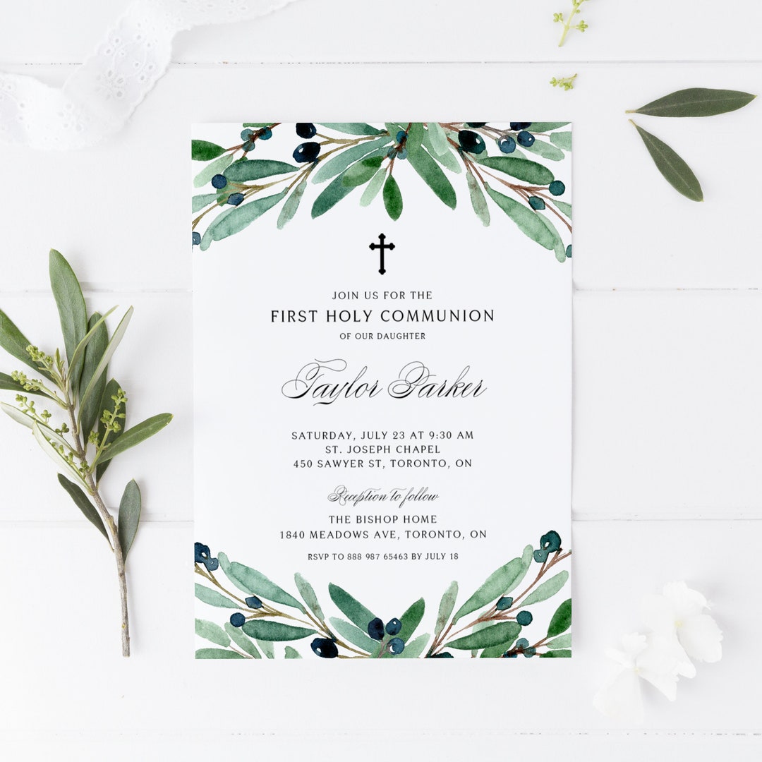 Printable Greenery First Holy Communion Invitation Template - DIY ...