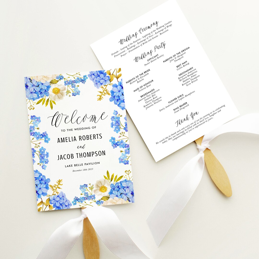 Printable Hydrangea Wedding Program Fans Template - DIY Watercolor Blue ...