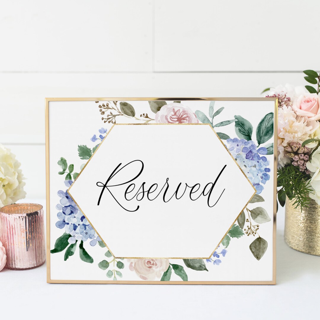 Blue Floral Reserved Sign - Printable Watercolor Hydrangeas & Roses ...