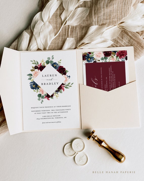 Printable Burgundy Floral Wedding Invitation Set Templates | Etsy