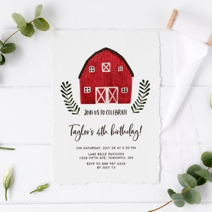 Printable Farm Theme Birthday Invitation Template - DIY Watercolor Red ...