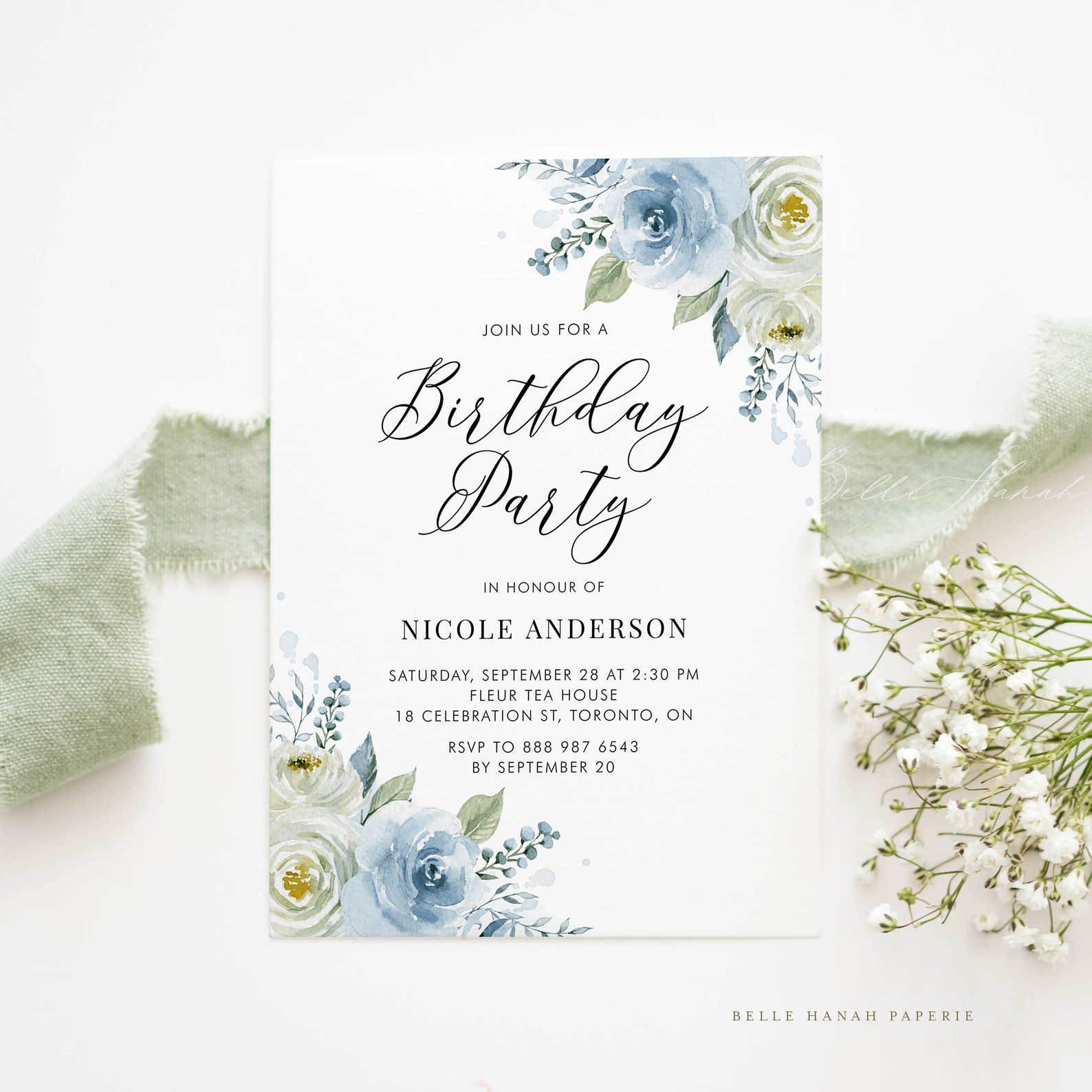 Printable Blue Floral Birthday Party Invitation Template - DIY ...