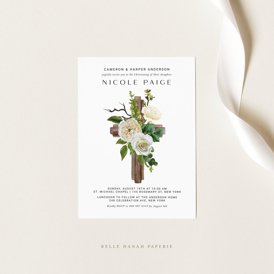 Printable Rustic Cross Baptism Invitation Template - Watercolor White ...