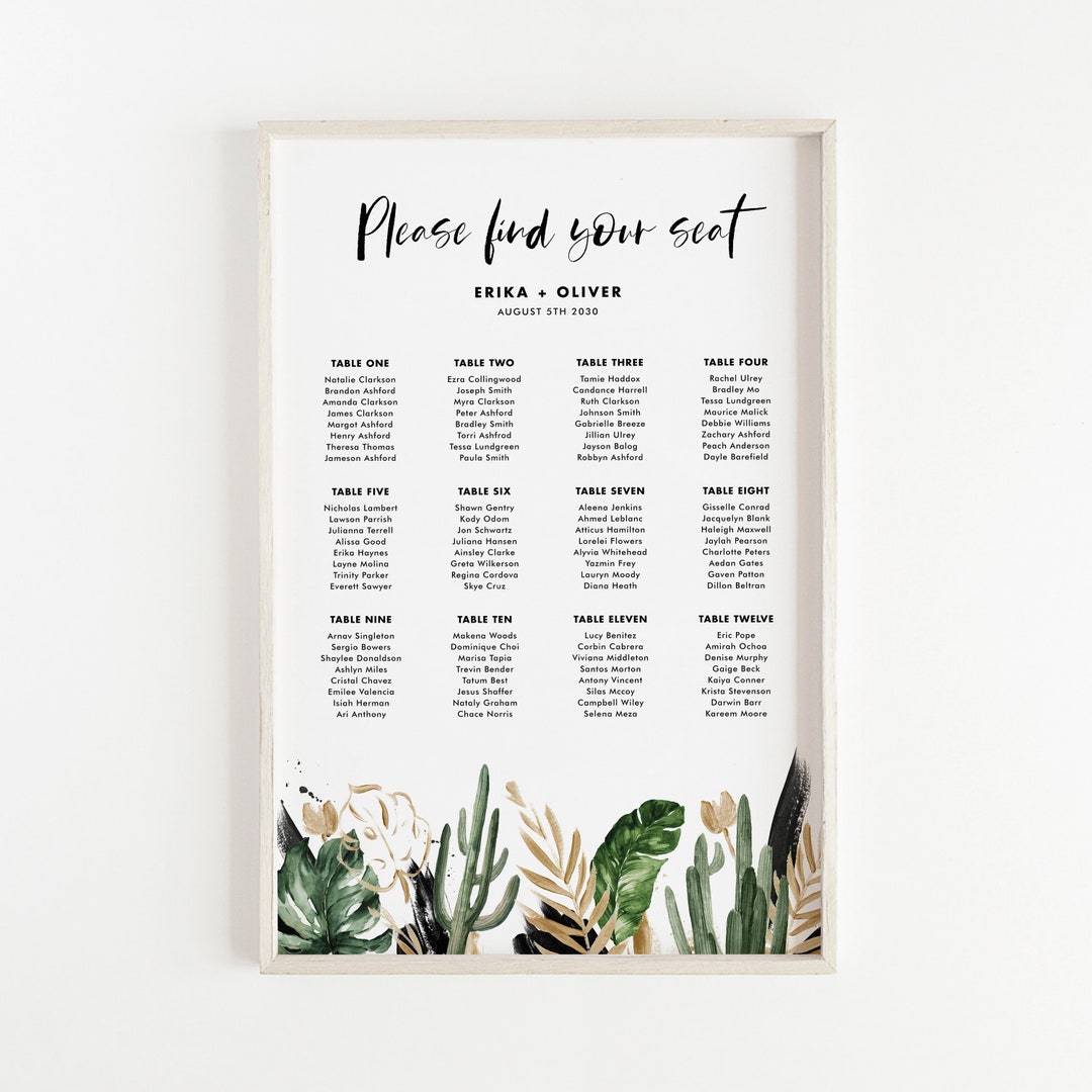Printable Tropical Seating Chart Template - DIY Watercolor Tropical ...