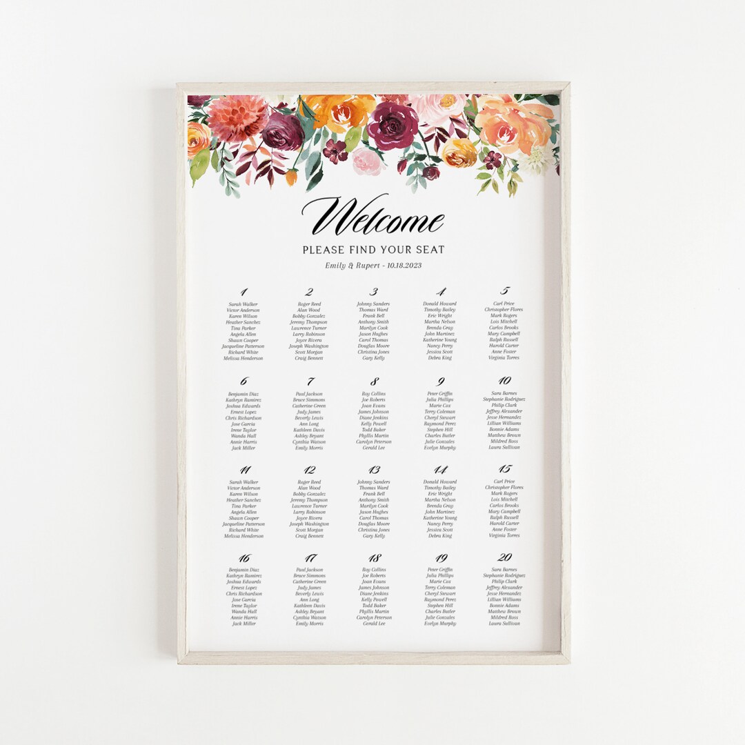 Printable Fall Floral Wedding Seating Chart Template - DIY Watercolor ...