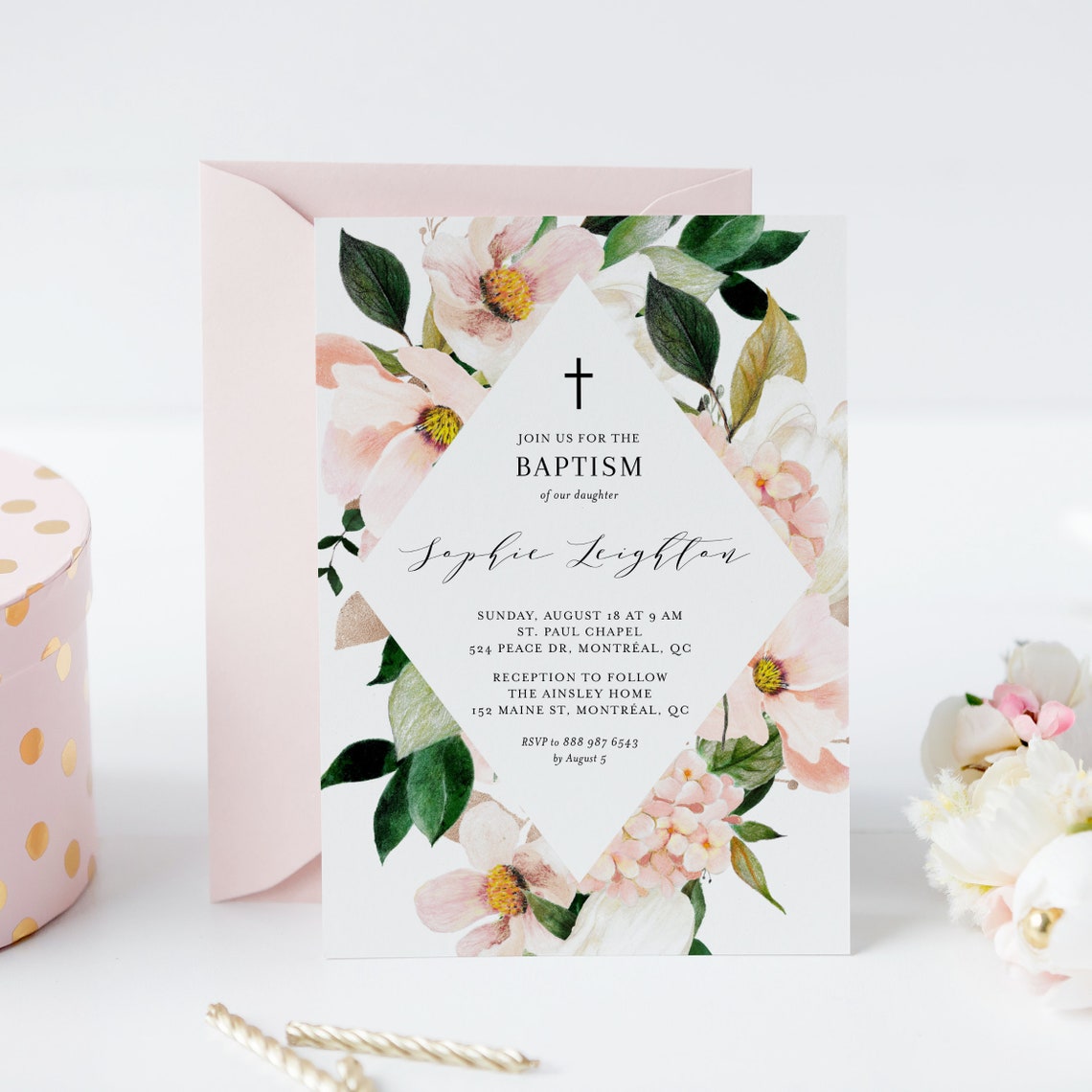 Printable Blush Pink Floral Baptism Invitation Template - Pink ...