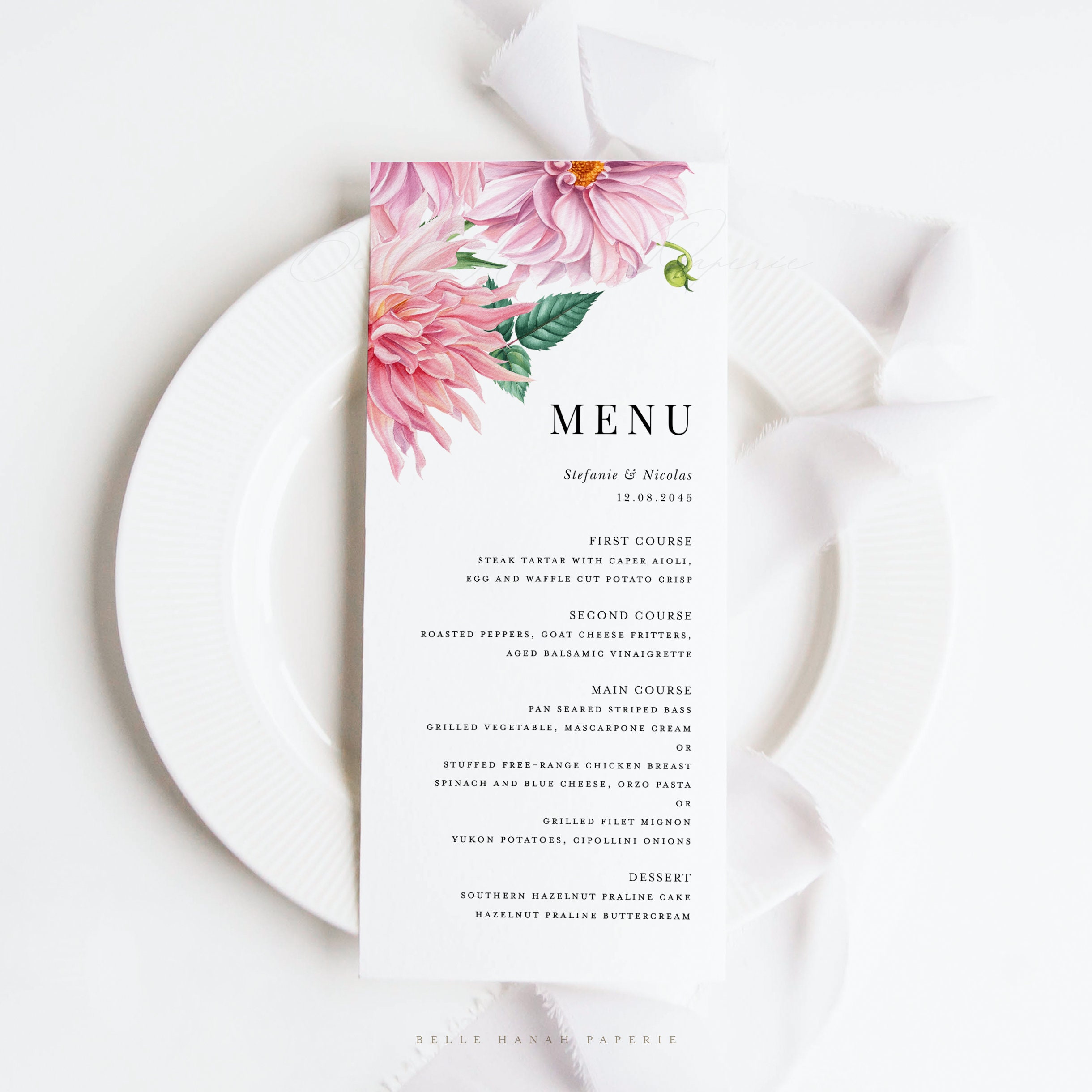 Printable Pink Dahlia Floral Wedding Menu Card Template - 4x9 ...