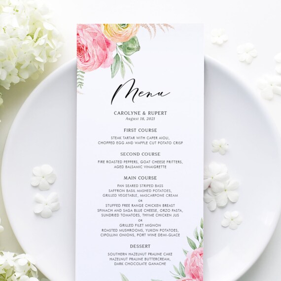 Floral Menu Card Template Watercolor Pink and Yellow | Etsy