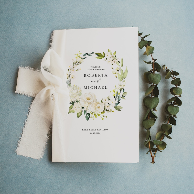 White Floral Wreath Wedding Program Booklet Template - Printable ...